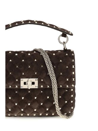Valentino Garavani Womens Top Handle Bag Rockstud Spike Suede Ebony Brown Calf Leather Shoulder