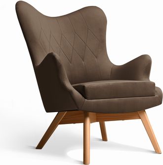 MG Design Ohrensessel aus Samt in Braun - Bequemer Polstersessel mit Holzbeinen, hoher R&uuml;ckenlehne & weichem Samtbezug f&uuml;r Wohnzimmer oder Schlafzimme