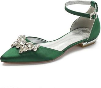Generic Chaussures Plates De Mariée À Bout Pointu pour Femmes Mariage Plates Robe Talons Bas Bride Cheville Plates 2Cm,Dark Green,40 EU