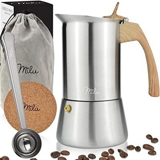 Milu cafetière Italienne Induction | 2, 4, 6, 9 Tasses | Cafetière Moka en INOX, Espresso Maker Acier Inoxydable, Ensemble comprenant un sous-verre, une cu