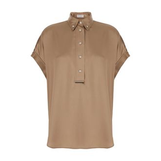 Brunello Cucinelli Femme, Blouses et Chemises, Beige, Taille: 42 FR Chemise &agrave; Manches Courtes en Satin de Soie Stretch avec Monili