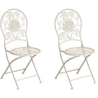Beliani Beliani - Lot de 2 Chaises de Jardin Vintage en M&eacute;tal Pliantes Motif Floral Beige Clair Yaviza