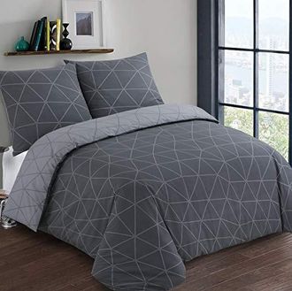 Vision Streetwear Parure de lit Réversible 100% Coton - Hugo Anthracite/Gris - Set de Housse de Couette 240x220 cm avec 2 taies doreiller pour lit Standard 2 Personnes 