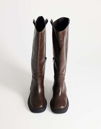 Topshop Lauren bottes chunky hauteur genou chocolat-Marron