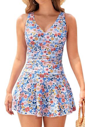 SHEKINI V-Ausschnitt Badeanzug Damen Badekleid Abdomen Kontrolle Bademode Damen Gro&szlig;e Gr&ouml;&szlig;e(XXL, Blau-Blume)
