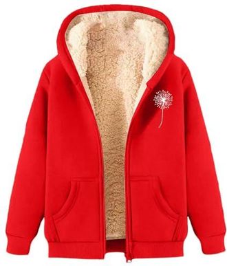 Generic 2026 Vestes dhiver B en velours &eacute;pais chaud de couleur unie cardigan Sherbet Sweat &agrave; capuche zipp&eacute; pour femme, Rouge, 3XL