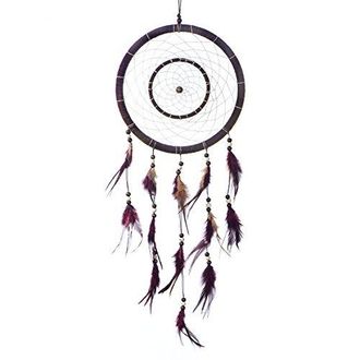 DonDon Gros Attrape-rêves Dreamcatcher avec Perles et Vraies Plumes Brun foncé - Ø 28 cm