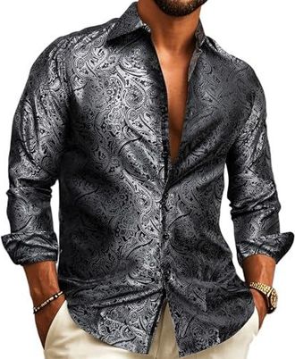 Barry.Wang Chemise en soie pour homme - Motif cachemire floral - Coupe droite - Pour f&ecirc;te de mariage - Robe formelle d&eacute;contract&eacute;e, noir/gris, M