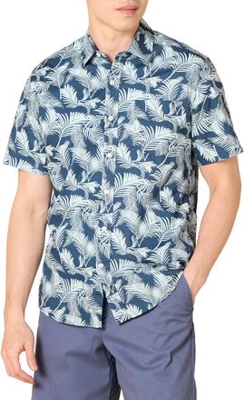 Amazon Essentials Herren Schmal Geschnittenes Bedrucktes Hemd Mit Kurzen Ärmeln Und Knopfleiste, Marineblau Palmenwedel, XXL