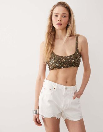 Miss Selfridge Brassi&egrave;re de plage de qualit&eacute; sup&eacute;rieure &agrave; sequins - Olive-Vert