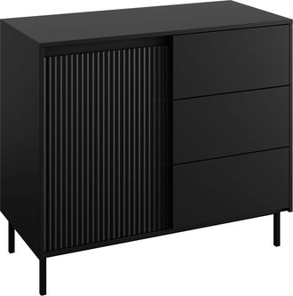Mirjan24 Kommode Ozmi 1D3SZ mit Tür und 3 Schubladen, innen 2 Fächer, Metallfüße, Push to Open, Türkommode, Highboard, Anrichte, Sideboard (Schwarz)