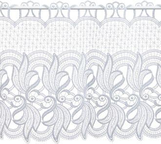 Plauener Spitze Original Gardine Scheibengardine mit Stangendurchzug, hochwertige Stickerei in Guipure Spitze, Höhe 36 cm, Breite 144 cm, Farbe Weiß