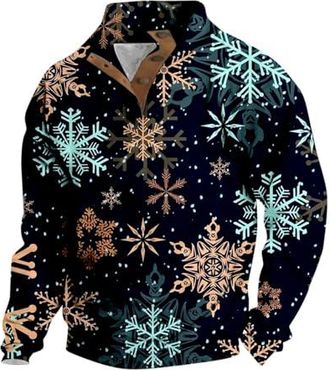 Generic Pull de Noël pour homme avec imprimé flocons de neige amusants, polos à manches longues, polos doublés en polaire, pull de Noël 2025 boutonné pour fêt