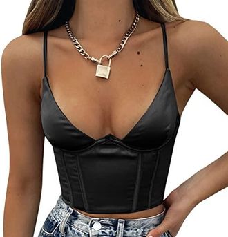 Onsoyours Corset en Satin pour femmes débardeur à fleurs col en V Bustier Sexy haut court Tube tenue de Festival été F Noir M