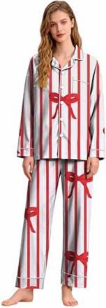 Generic Pyjama de Saint-Valentin pour femme - Tenue de Saint-Valentin - Tenue mignonne avec noeud - Motif coeur et boutons - Doux - 2 pi&egrave;ces - Blazer pour fem