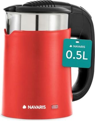 Navaris Bouilloire de voyage - Mini bouilloire &eacute;lectrique inox 1100W 0,5 L avec 2 tasses en plastique - Protection contre &eacute;bullition &agrave; vide