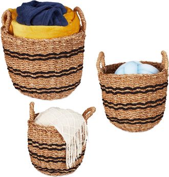 Relaxdays Aufbewahrungskorb 3er Set, Seegras, 3 Gr&ouml;&szlig;en, Flechtkorb mit Griffen, Bad, Schlaf- & Wohnzimmer, Natur/schwarz