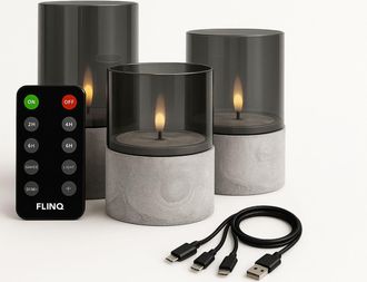 FlinQ Wiederaufladbare LED Kerzen mit Bewegender Flamme - 3er Set im Stone Look mit Fernbedienung, Timer & Dimmfunktion - Echtwachs Optik, Flackernde Flamme