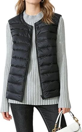 Generic Gilet bouffant l&eacute;ger sans col pour femme avec fermeture &eacute;clair - Pliable, Noir, 8XL