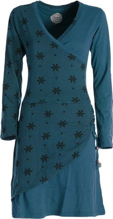 vishes Alternative Bekleidung - Langarm Damen Jerseykleid Baumwolle B&auml;nder Bl&uuml;mchenmuster t&uuml;rkis 48