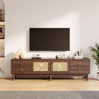 Generic LZPUOUI TV Schrank Holz F&uuml;r Fernseher Bis 80 Zoll Mit Rattan T&uuml;ren Vier Schubladen Kabelmanagement Sanfte Scharniere Lowboard Stehend Strukturierter S