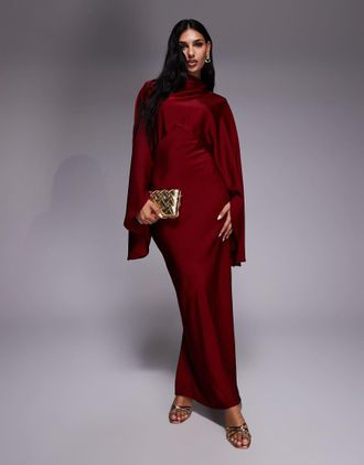 Asos Robe longue satin&eacute;e &agrave; col chemin&eacute;e et manches oversize - Bordeaux-Rouge