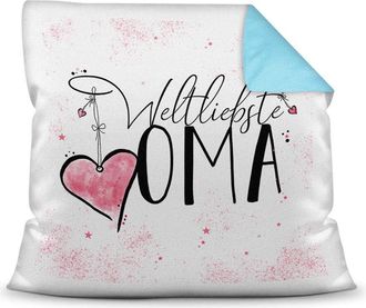 Tassendruck Familie-Kissen mit Spruch f&uuml;r die Weltbeste Oma - Kissenbezug inklusive Kissen/Verwandte/Geschenk-Idee/Liebling/Kinder/Farbkissen R&uuml;ckseite Himmelblau