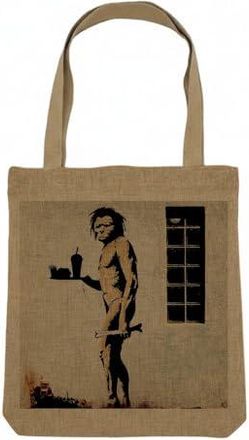 Fabulous Sac Shopping Tote Bag Aspect Lin - Banksy Cro Magnon Fast Food Graffiti Street Art - Sac de Courses Toile Epaisse 360g Beige Naturel Cabas Port&eacute; Epaul