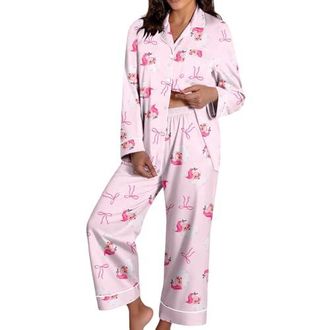 Generic Ensembles De Pyjama Femme Imprimé Vaches BoutonnéE Manches Longues VêTements De Nuit Pantalon Pyjamas Femmes 2 PièCes Grande Taille Maison Hiver Chaud