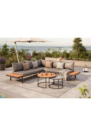 ambia GARDEN Loungegarnitur, Grau, Holz, Metall, Glas, Akazie, massiv, F&uuml;llung: Komfortschaum,Polyester, L-Form, UV-best&auml;ndig, Tisch mit Glasplatte, Loungem&ouml;bel, L