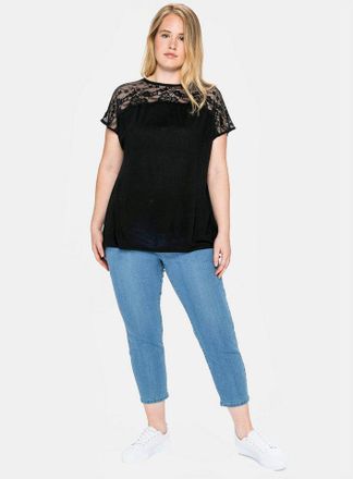 Sheego T-Shirt Spitzenshirt Kurzarm mit Spitzenpasse an der Schulterpartie