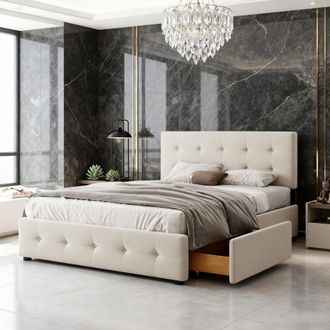 Generic Polsterbett 140x200 cm in Beige | Doppelbett mit Schubladen, Lattenrost & Rückenlehne | Hautfreundlicher Samtstoff | Ideal für Erwachsene & Jugendlich