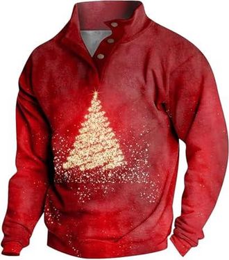 Generic Chemises de Noël pour homme à manches longues - Pull chaud doublé en polaire - Polo à revers boutonné - Imprimé flocons de neige - Sweatshirts pour le