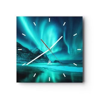 Arttor Modern Wanduhr Landschaft Nordpol Nordlichter 40x40cm Quadrat Gro&szlig; Wand Uhr Glas Analog Zimmeruhren K&uuml;che B&uuml;ro Wohnzimmer Glasuhr Wall Clock Dekoratio