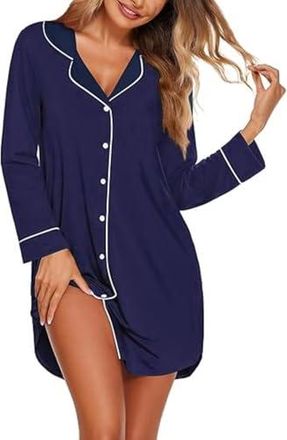 Ekouaer Chemise de Nuit Femme Manches Longues Hiver Chaude Grande Taille Maternité Allaitement Boutonnée Devant, Bleu, XL