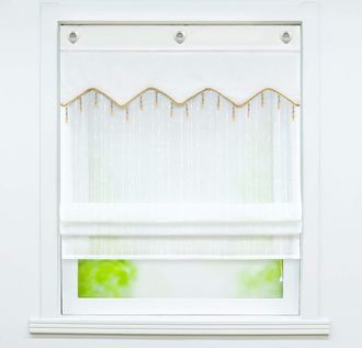 Joyswahl Voile Ösenrollo Landhausstil Leinenoptik mit Quaste »Amalia« Schals Wohnzimmer Raffrollo mit Hakenaufhängung, ohne Bohren BxH 100x140cm Weiß 1 Stück