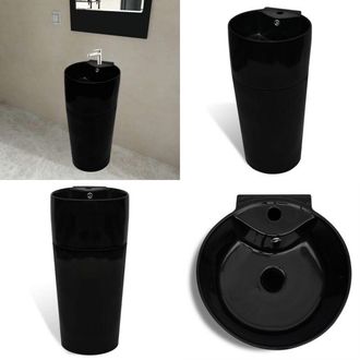 vidaXL Standwaschbecken Keramik mit Loch f&uuml;r &Uuml;berlauf/Armatur Schwarz - Keramik Waschbecken - Schwarzes Waschbecken - Freistehendes Waschbecken