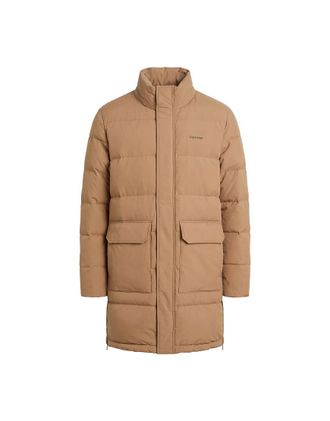Calvin Klein langer Daunen-Puffer-Mantel mit Kapuze in Khaki-Umbra-Braun