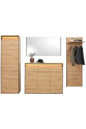Voleo Garderobe Edra, Schwarz, Eiche Artisan, Glas, Holzwerkstoff, 4-teilig, 248x200x38 cm, Garderobe, Garderoben-Sets & Serien, Garderoben-Sets