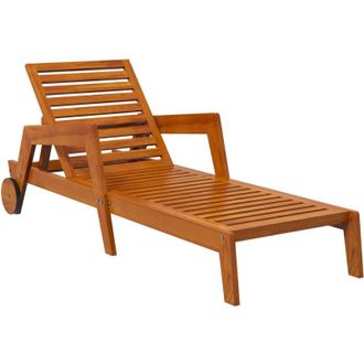 OUTSUNNY Bain de soleil transat inclinable 3 positions - accoudoirs, roues - bois de m&eacute;l&egrave;ze verni