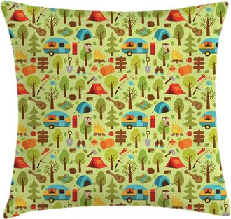 Abakuhaus Happy Camp Kissenbezug, Elemente f&uuml;r Camping, Dekorativer Kopfkissenh&uuml;lle mit Beidseitiger Druck, 50 x 50 cm, Hellgr&uuml;n Multicolor