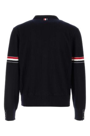 Thom Browne Mens Dark Blue Wool Cardigan Navy Exterior: Virgin Maglieria