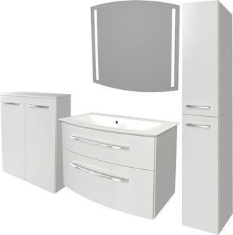 Fackelmann b.style Badm&ouml;bel Set mit Waschbecken mit Unterschrank 80 cm breit - LED-Spiegel - Doppel-Midischrank und schmaler Hochschrank in Wei&szlig;