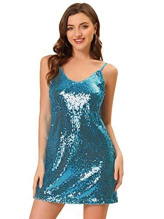 Allegra K Robe &agrave; Paillettes pour Femme - sans Manches - Col en V - Robe Spaghetti - Paillettes m&eacute;tallis&eacute;es, Bleu, L