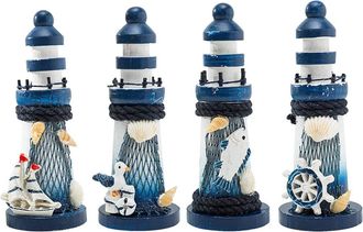 Garneck 4 Stücke Leuchtturm Deko Mediterrane Dekoration Leuchtturm Statue Mini Holzdeko Mittelmeer Deko für Wohnzimmer Tischdeko Nautische Mediterranen Stil O