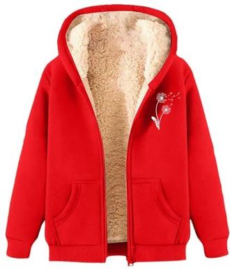 Generic Vestes dhiver pour femmes 2026 - En velours &eacute;pais - Chaud - Couleur unie - Cardigan Sherbet &agrave; capuche - Veste zipp&eacute;e, Rouge, 3XL