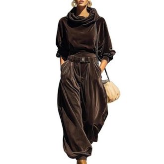 Generic Surv&ecirc;tement 2 pi&egrave;ces pour femme avec capuche et manches longues, pantalon large en velours avec poches, marron, XXL