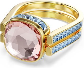 Swarovski Chroma Ring, Vergoldeter und Mehrfarbiger Twist-Damenring mit einem Wendbaren ReCreated Crystal in Grün und Pink im Kissenschliff und Kleineren Blauen