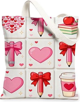 Generic Sacs fourre-tout en toile &agrave; motifs de coeurs mignons, sacs d&eacute;picerie r&eacute;utilisables, l&eacute;gers et lavables pour la Saint Valentin, p&ecirc;che, 13x15 Inch