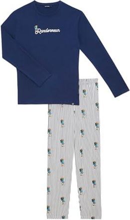 Arthur Pyjama Homme, Ensemble Manches Longues et Pantalon - 100% Coton Bio léger, Doux et Confortable - Motif Randonneur Bleu Marine - Taille XL